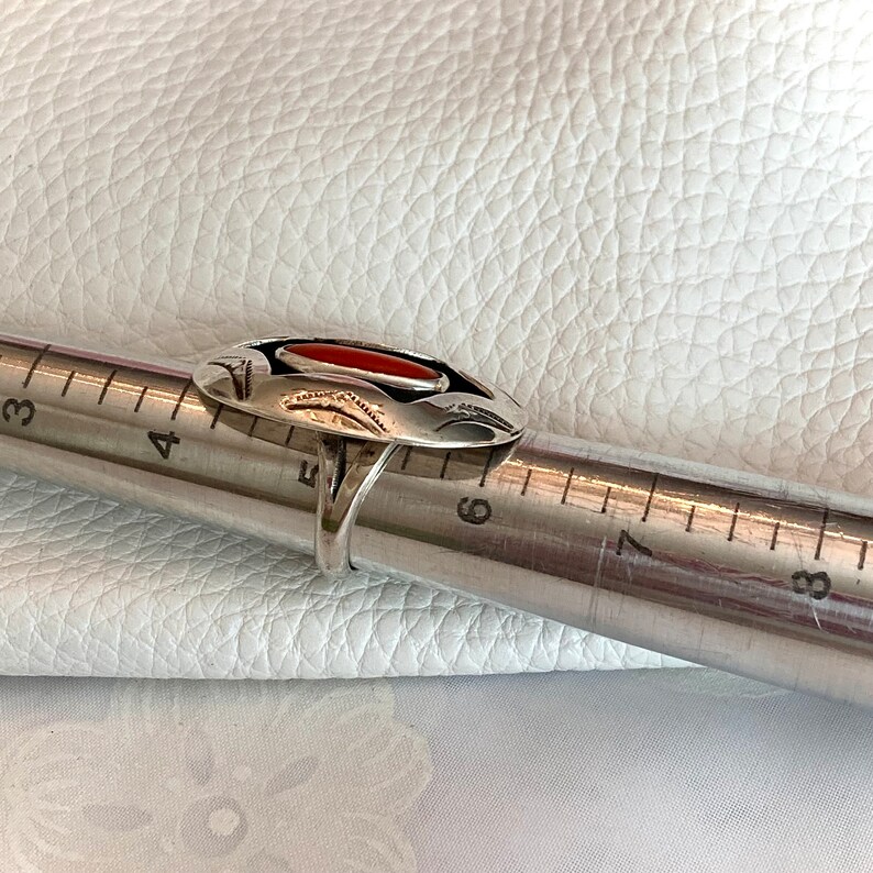 Red Coral Navajo Shadow Box Ring Oval Coral Stone Hand Stamped - Etsy