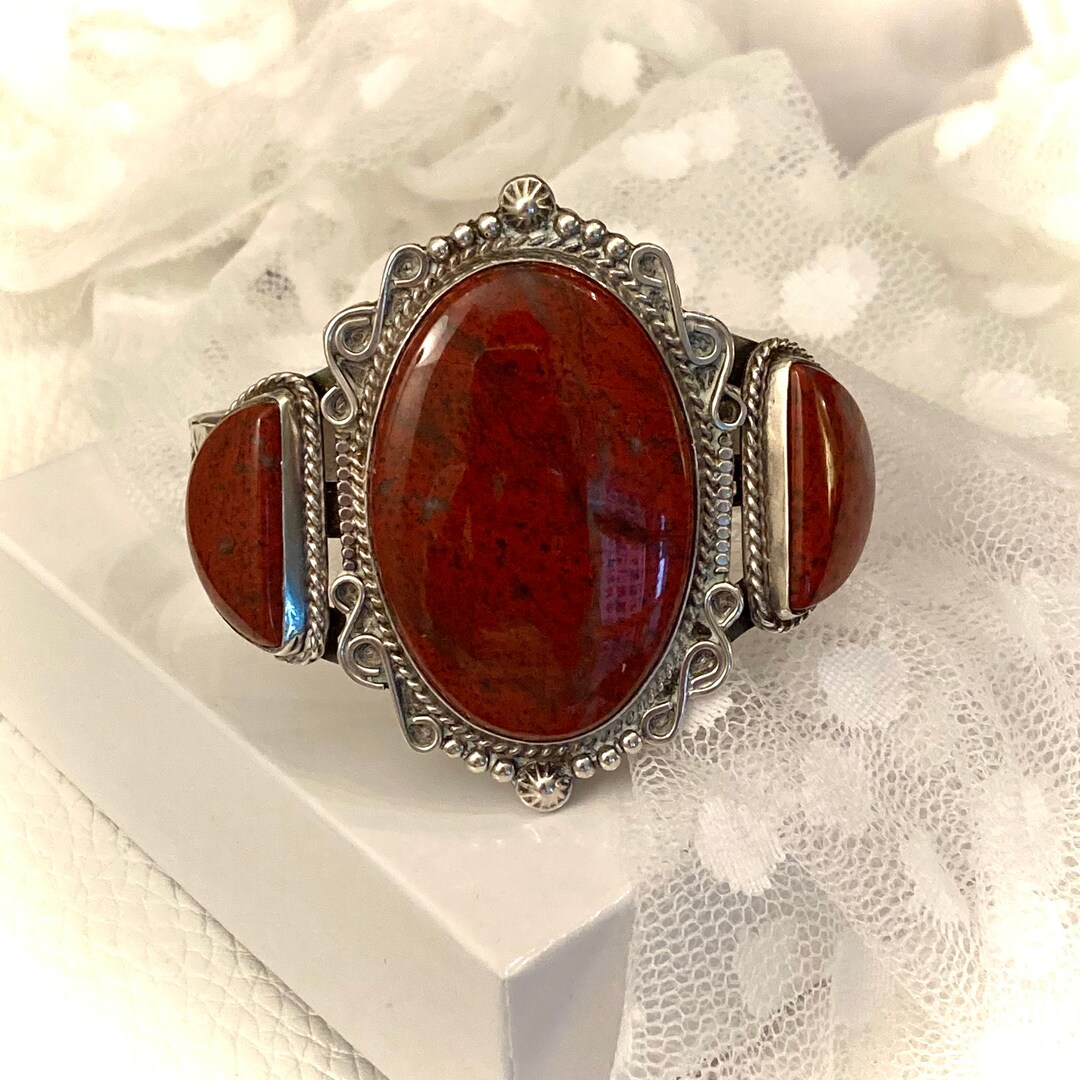 Large Red Jasper Wide Navajo Triple Stone Silver Cuff Rich Brick Red ...