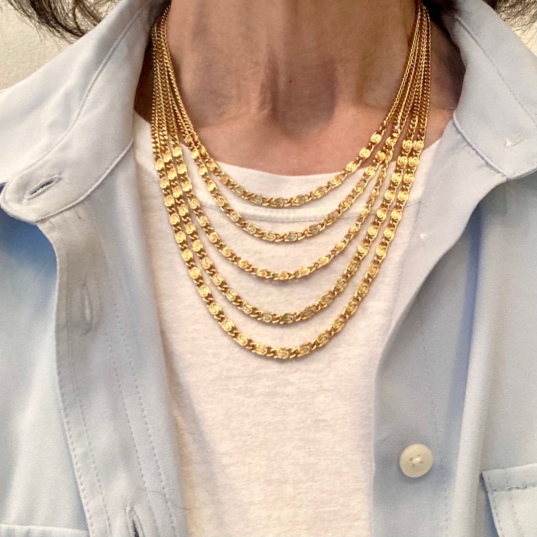 Vintage Long Gold Tone Chain 5 Strand Signed Monet Layered Gold Chain ...