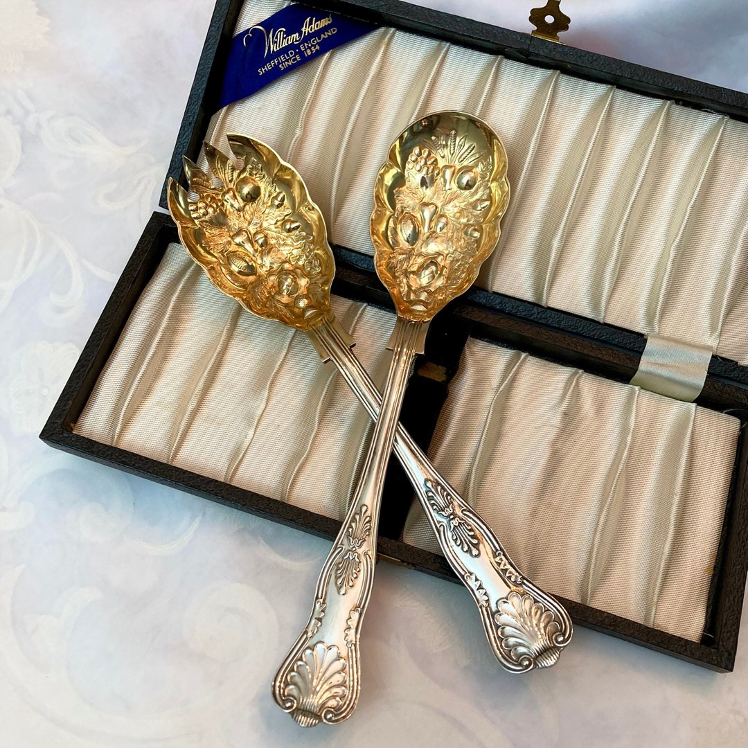 Vintage William Adams Sheffield England Silver & Gold Salad Serving Set ...