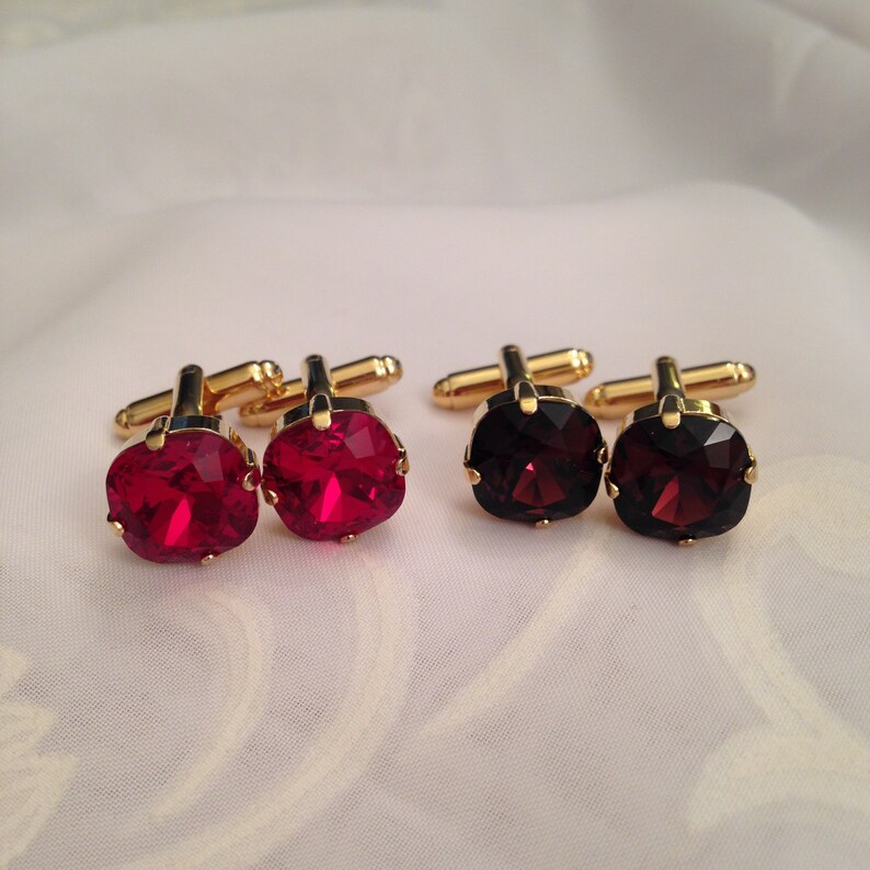 Mens Premium Crystal Cufflinks Cushion Cut 12mm Siam Red Shiny Gold ...