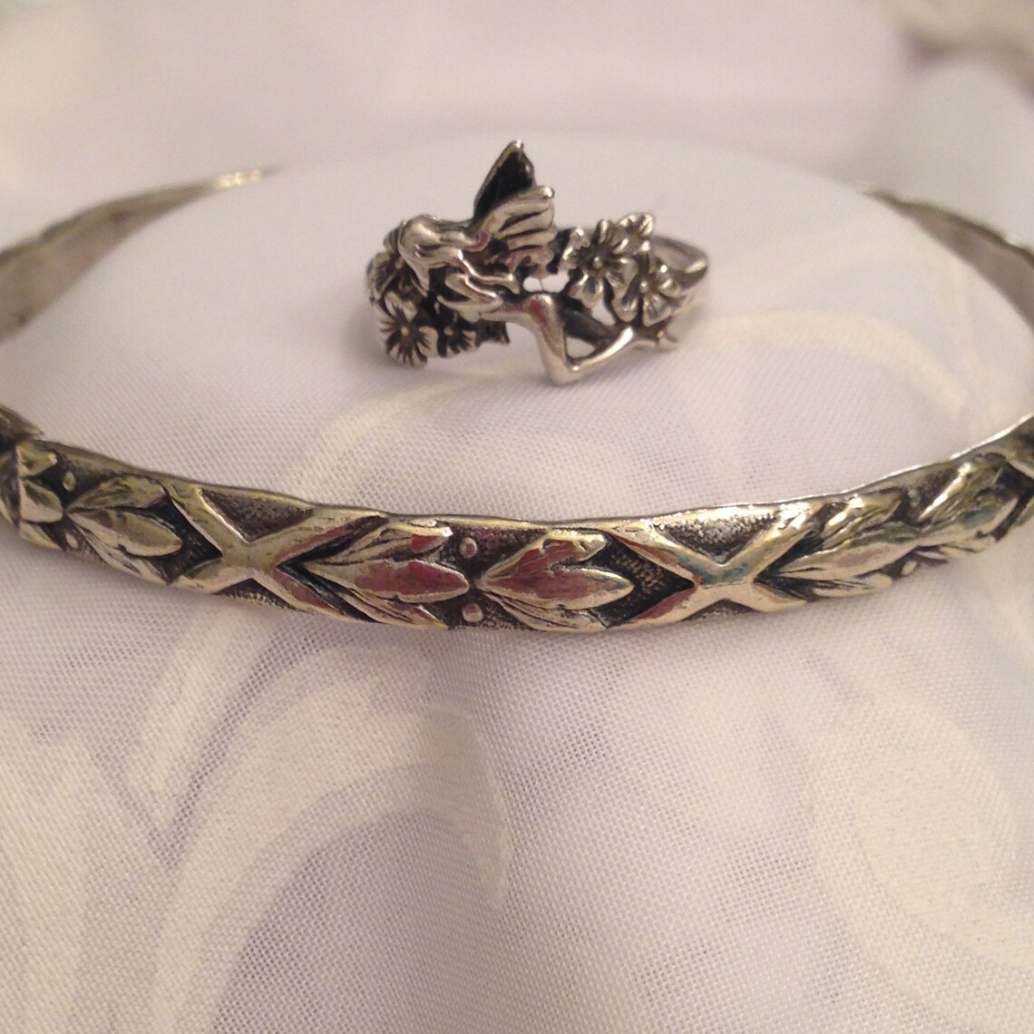 Silver Flower Bangle Repousse Tulip Flowers & X Design Stacking Bangle ...