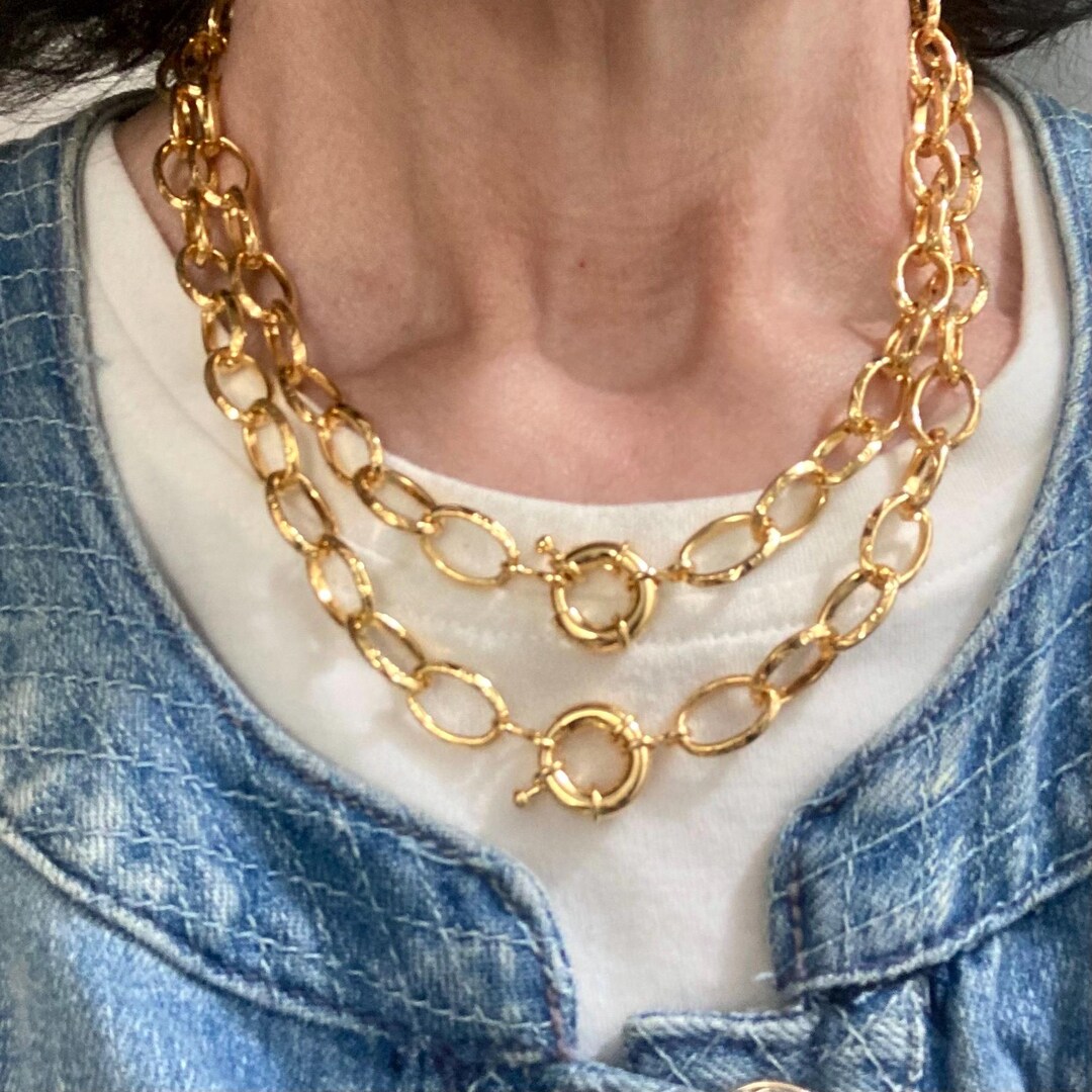 Chunky Chain Necklace Oval 18 Karat Gold Plated Iron Links Easy Clasp ...