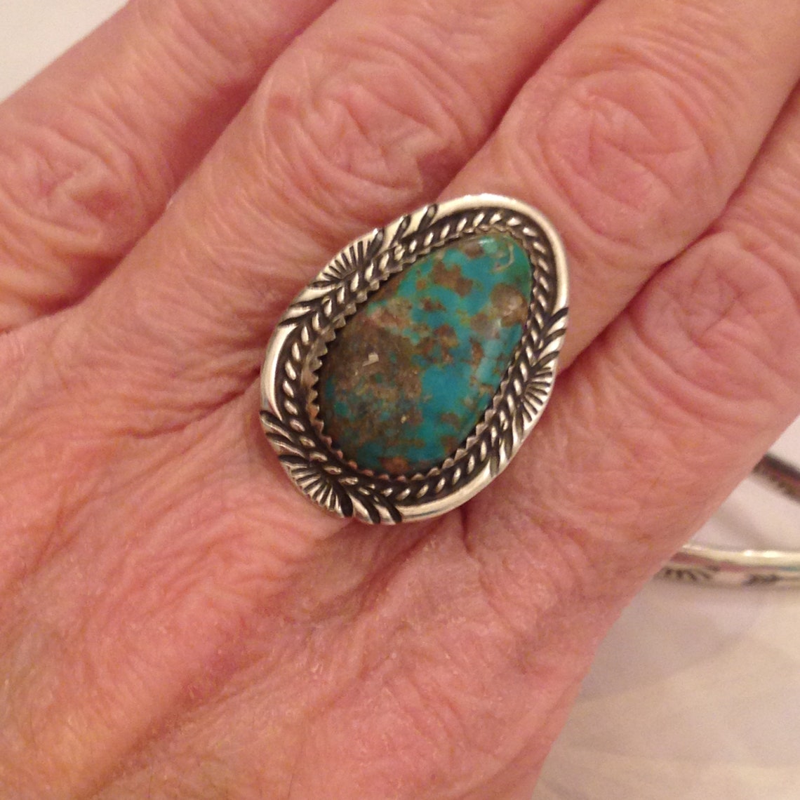 Large Turquoise Signed M Begay Ring Organic Teardrop Stone | Etsy