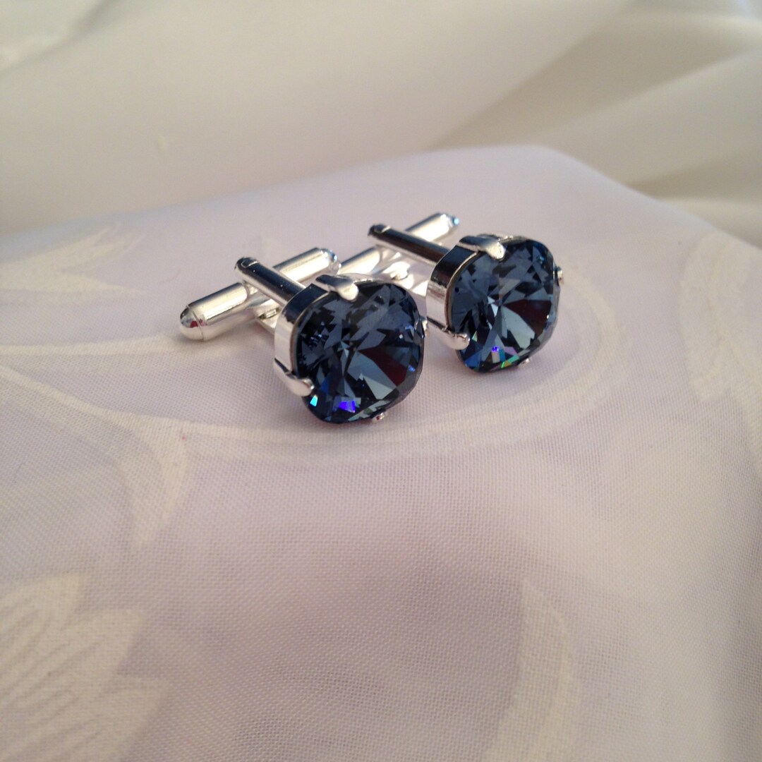 Mens Cufflinks Square Premium Crystal Cut 12mm Denim Blue Shiny Silver ...