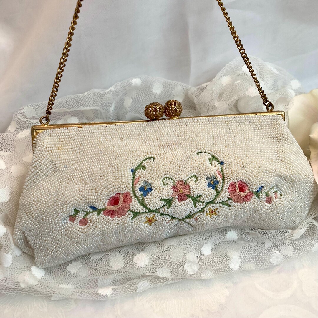 Bridal Bag Vintage Denise Francelle Paris White Hand Seed Beaded and ...