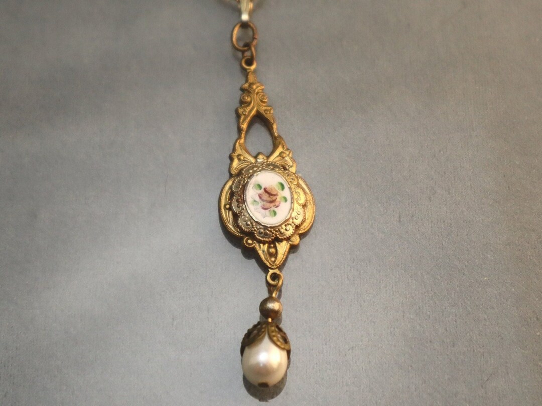 Vintage Enamel Necklace Lavaliere Pendant Pink Flower - Etsy