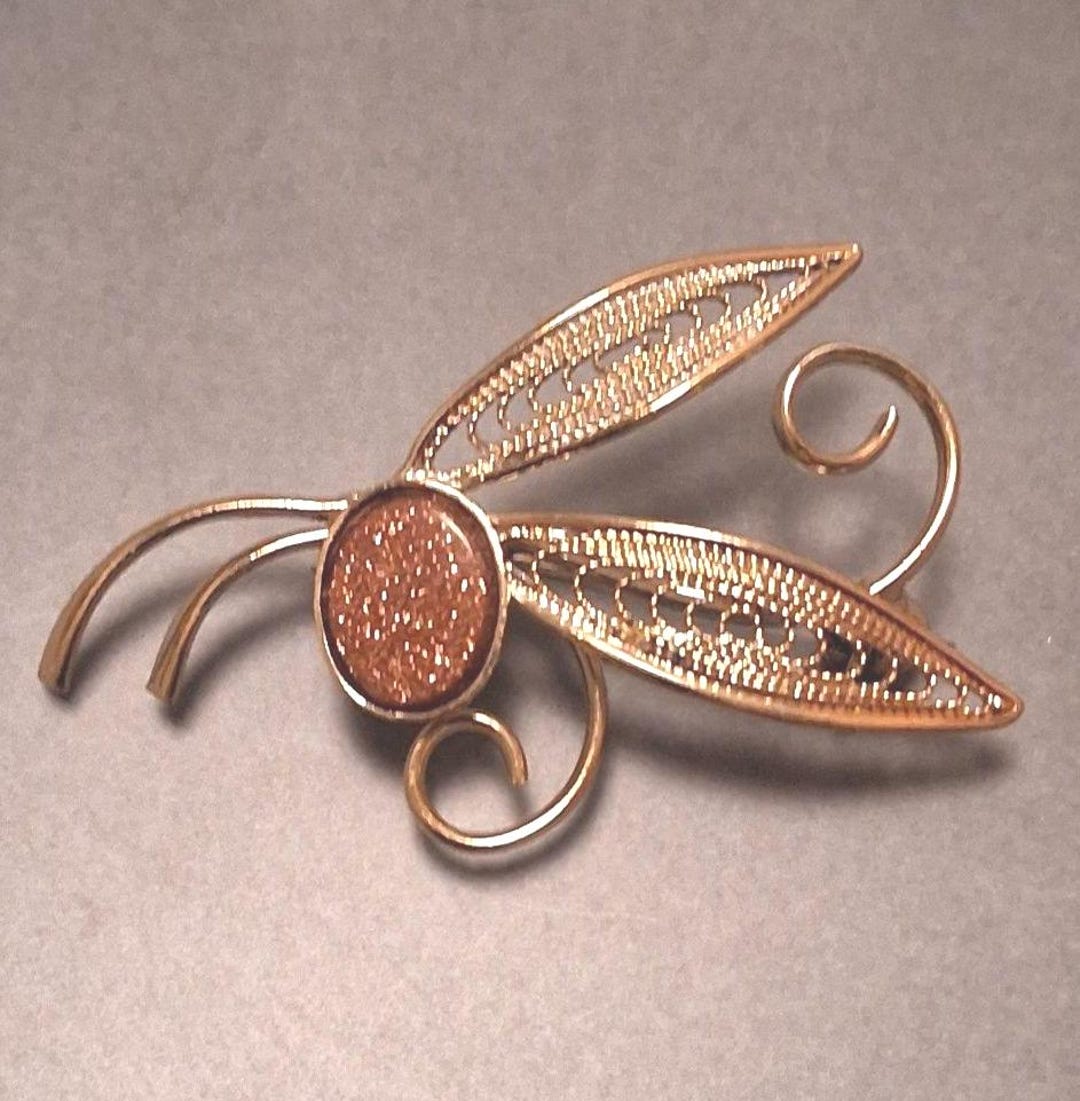Vintage Goldstone Filigree Flower Leaf Brooch Pin - Etsy