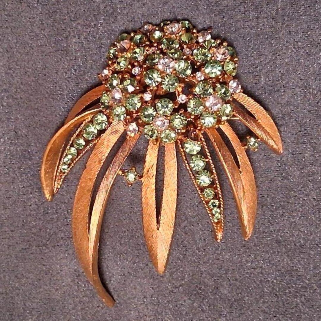 Lisner Vintage Flower Brooch Green Glass Rhinestones 3 In - Etsy