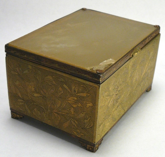 Vintage Chinese Export Stone Lid Jewelry Box - Gem