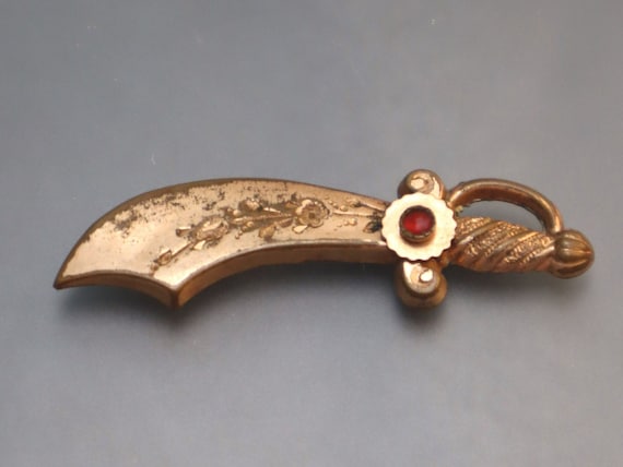 Victorian Cutlass Sword Brooch Red Stone Vintage Pin - Gem