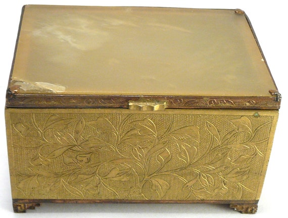 Vintage Chinese Export Stone Lid Jewelry Box - Gem