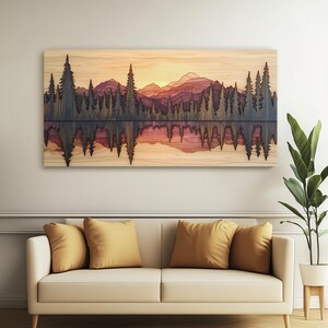 Misty Lake at Dawn Layered Wood Style Canvas, Tranquil Textured Reflection, Handcrafted Nature ...