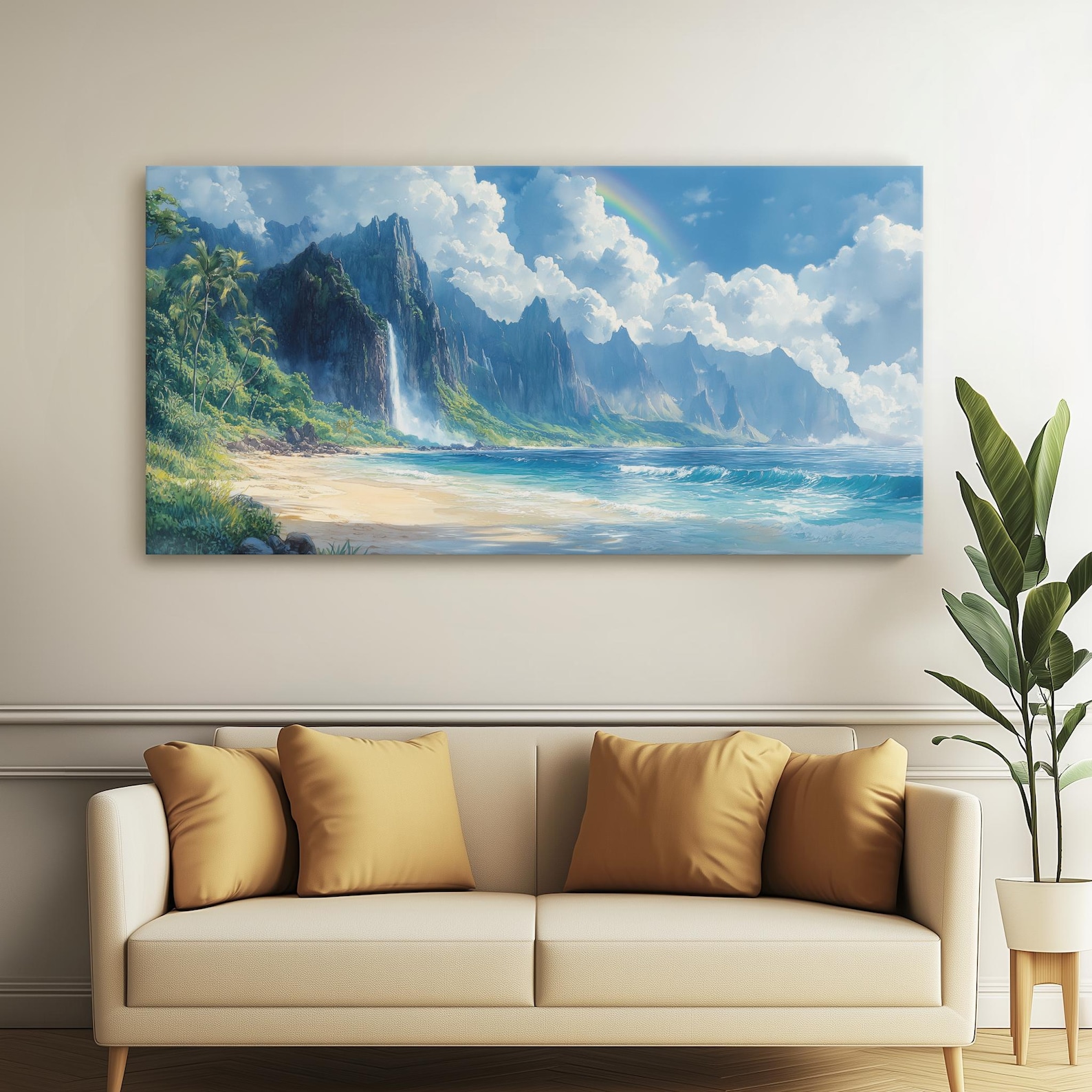 Na Pali Coast Watercolor Art, Hawaii’s Lush Green Cliffs and Deep Blue ...