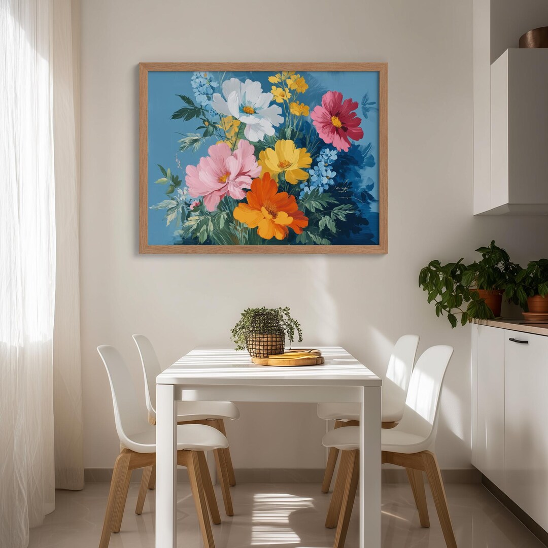 Sanderson-style Blue Floral Painting – Elegant Botanical Flower Wall ...