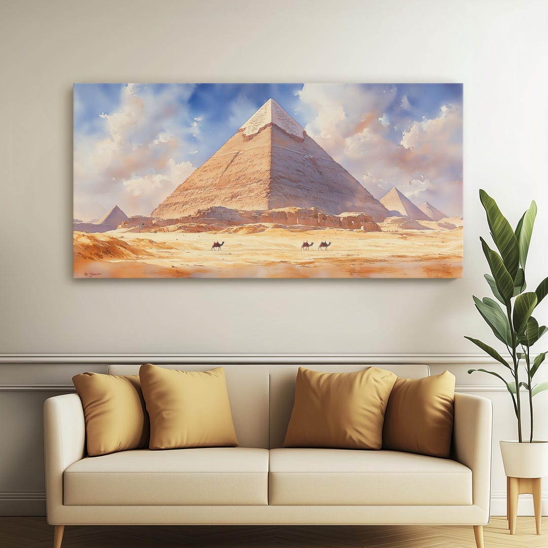 Pyramids of Giza Watercolor Wall Art, Golden Desert Landscape With ...