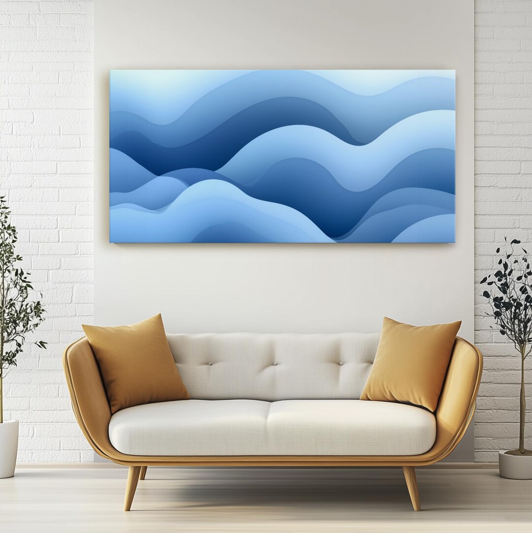 Calm Ocean Wave Abstract Art, Soft Blue Layered Horizontal Shapes ...