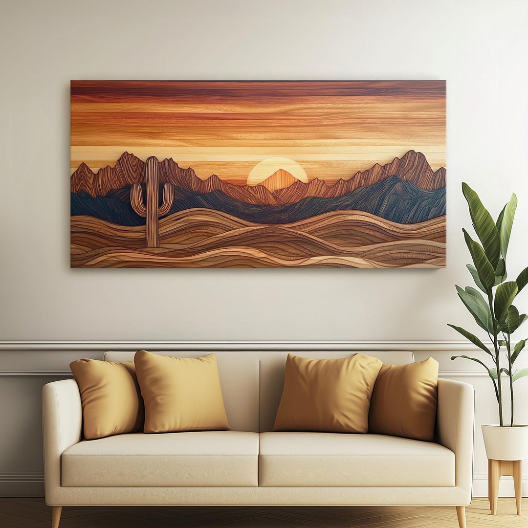 Desert Sunset Layered Wood Canvas Art, Rolling Sand Dunes and Cactus ...