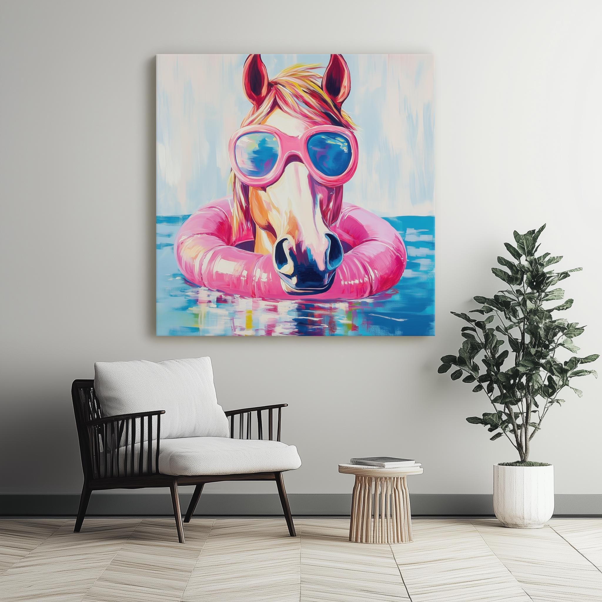 Funny Horse Pool Party Painting, Quirky Colorful Horse Art, Floating ...