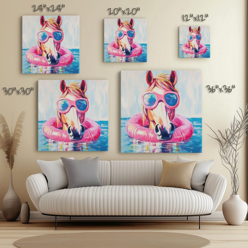 Funny Horse Pool Party Painting, Quirky Colorful Horse Art, Floating ...