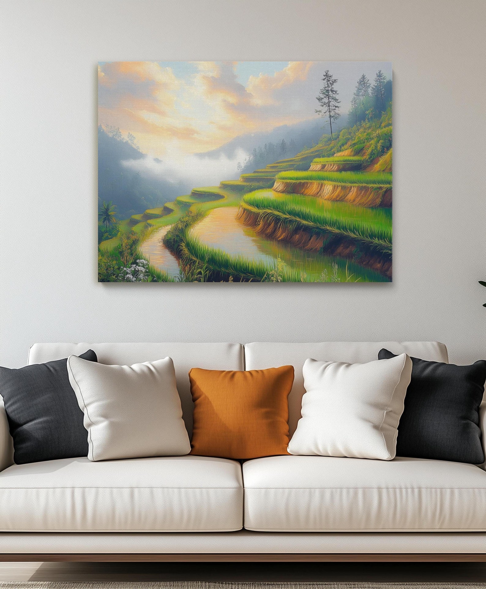 Beautiful Rice Paddy Terrance Fields Canvas Painting, Vietnam Cloudy ...