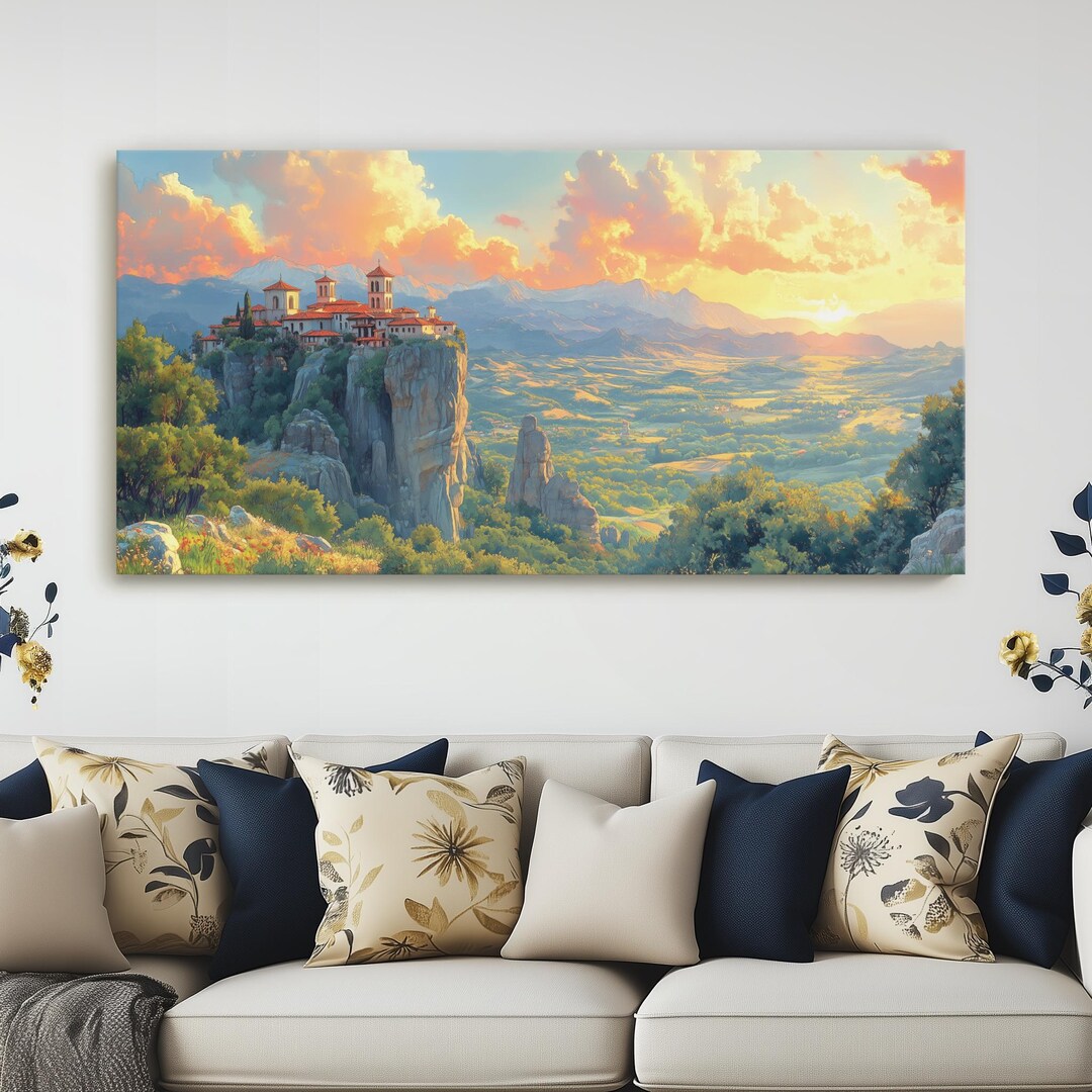 Meteora Greece Watercolor Painting, Ancient Monasteries Cliffs Art ...