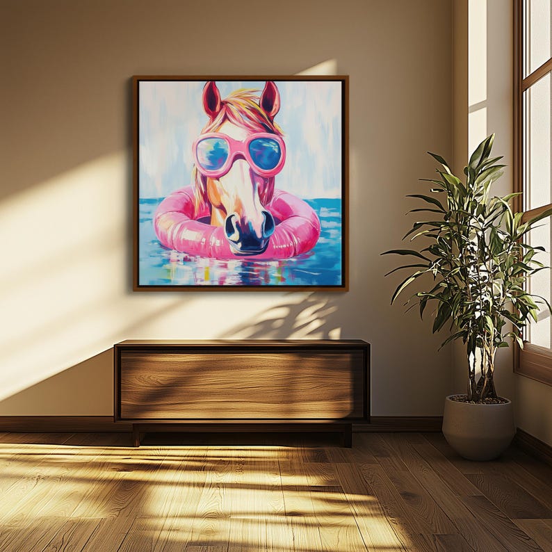 Funny Horse Pool Party Painting, Quirky Colorful Horse Art, Floating ...