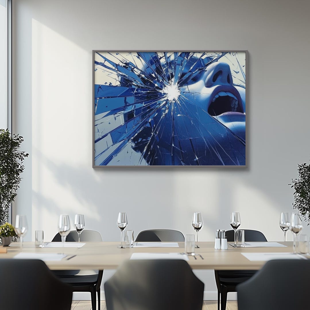 Shattered Glass Abstract Art, Blue Grey White Fractured Face, Light Reflection Canvas, Jagged ...