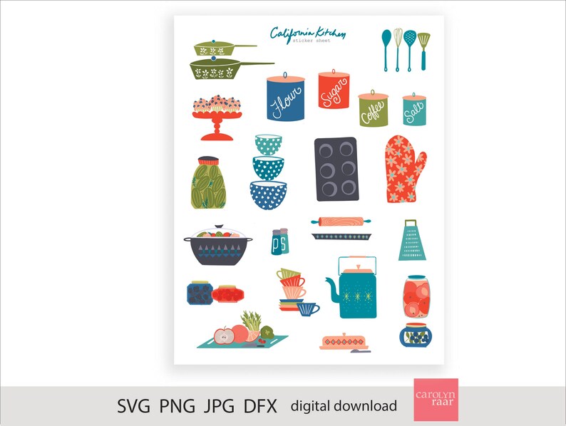 Printable Retro Kitchen Stickers | Mid-century Scandinavian Cookware ...