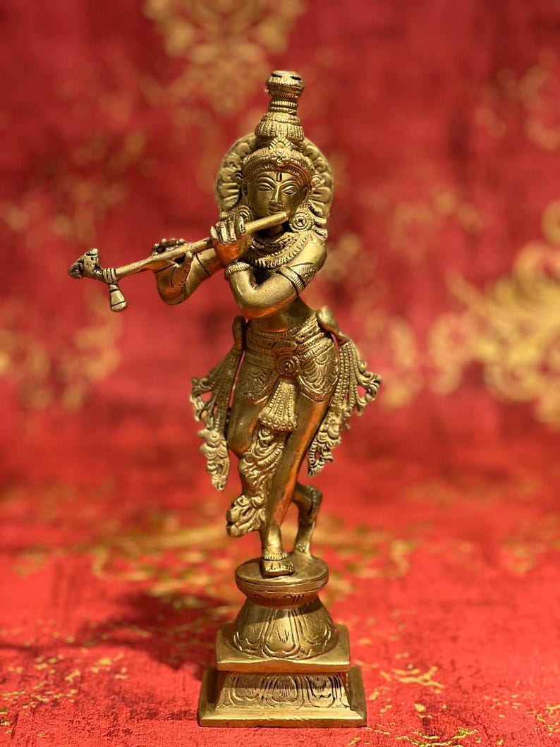 11" Brass Krishna Standing Statue - Elegant Lord Krishna Idol for Home ...