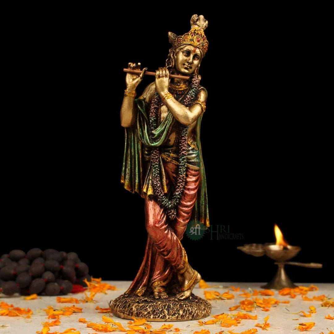 Lord Krishna Resin Idol: Hand-painted Golden Finish, Divine Decor (10 ...