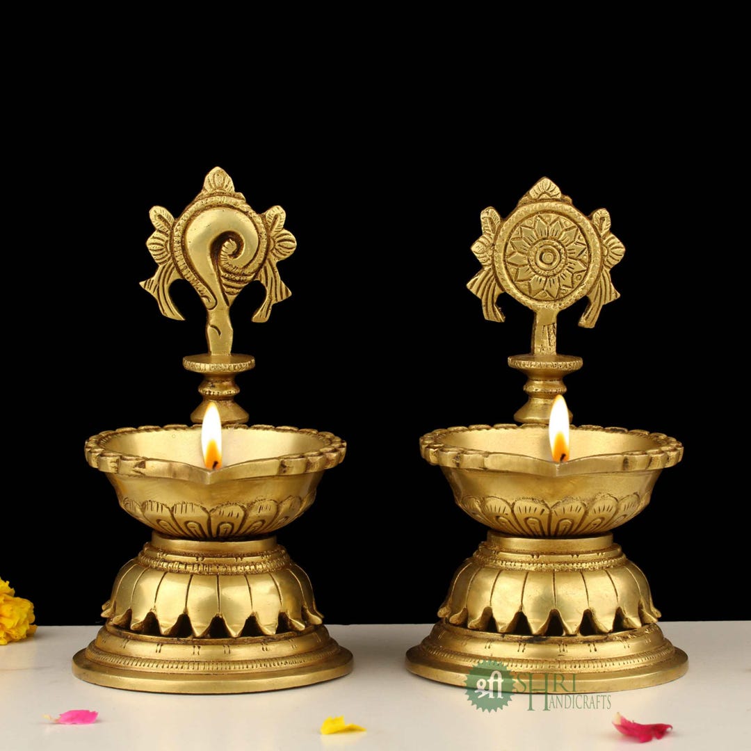 Brass Shanku Chakra Deepak for Pooja & Home Décor - Etsy