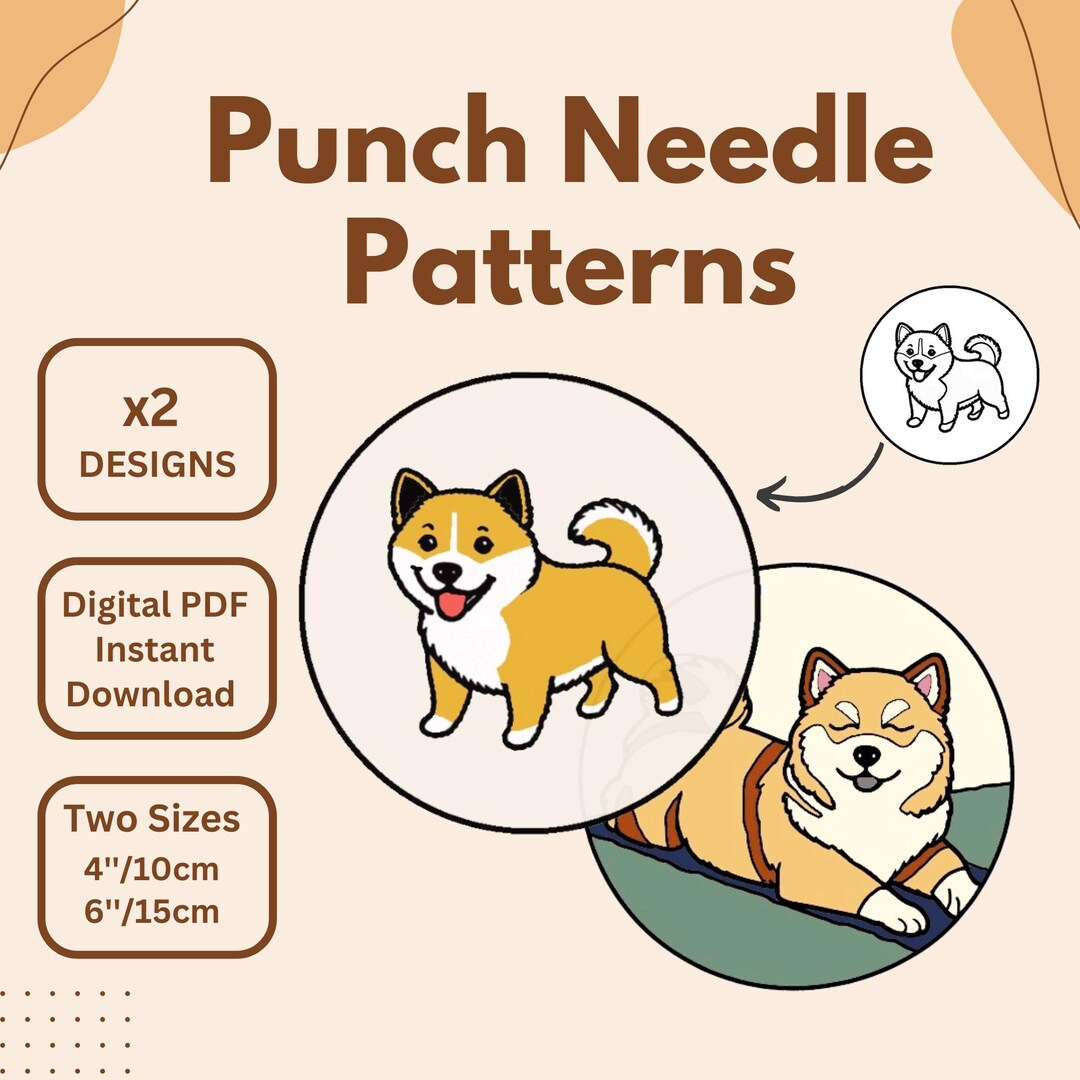 Punch Needle Pattern Cute Dog Shiba Inu Set of 2 Instant Download PDF ...