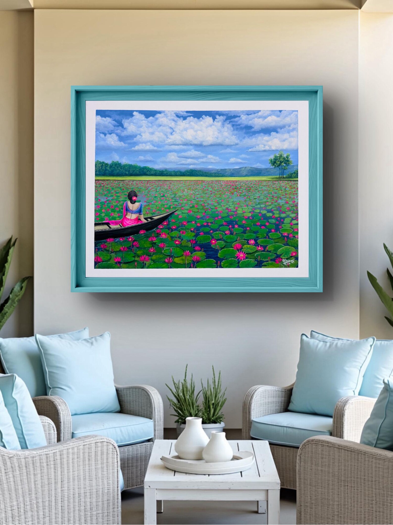 Original Acrylic Landscape Scenery Painting of a Girl in the Water Lily ...