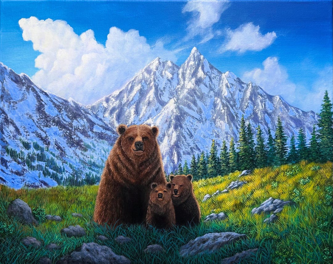 Original Mountain View Acrylic Painting, Bear Art, 16x20 Canvas - Etsy