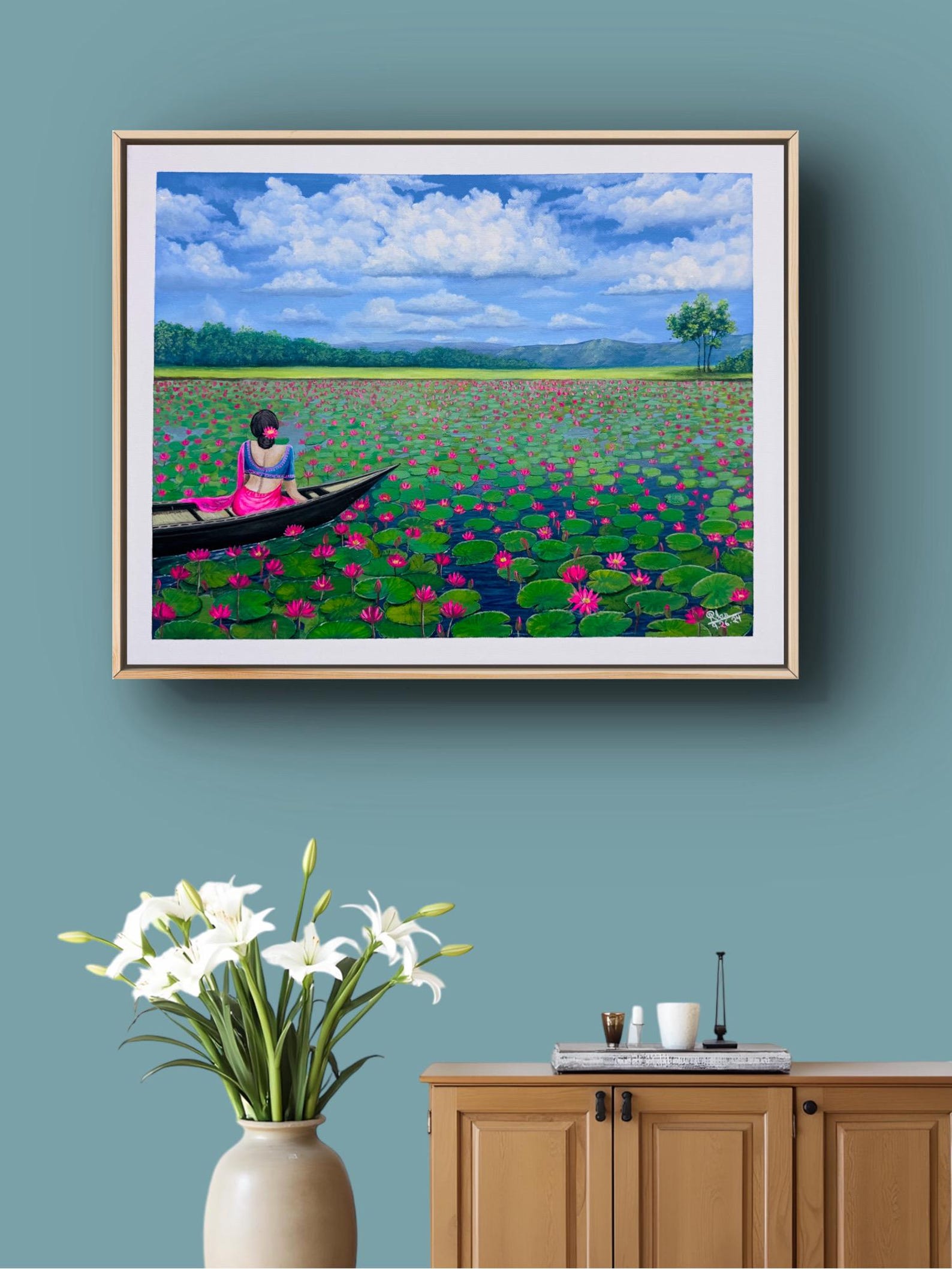 Original Acrylic Landscape Scenery Painting of a Girl in the Water Lily ...