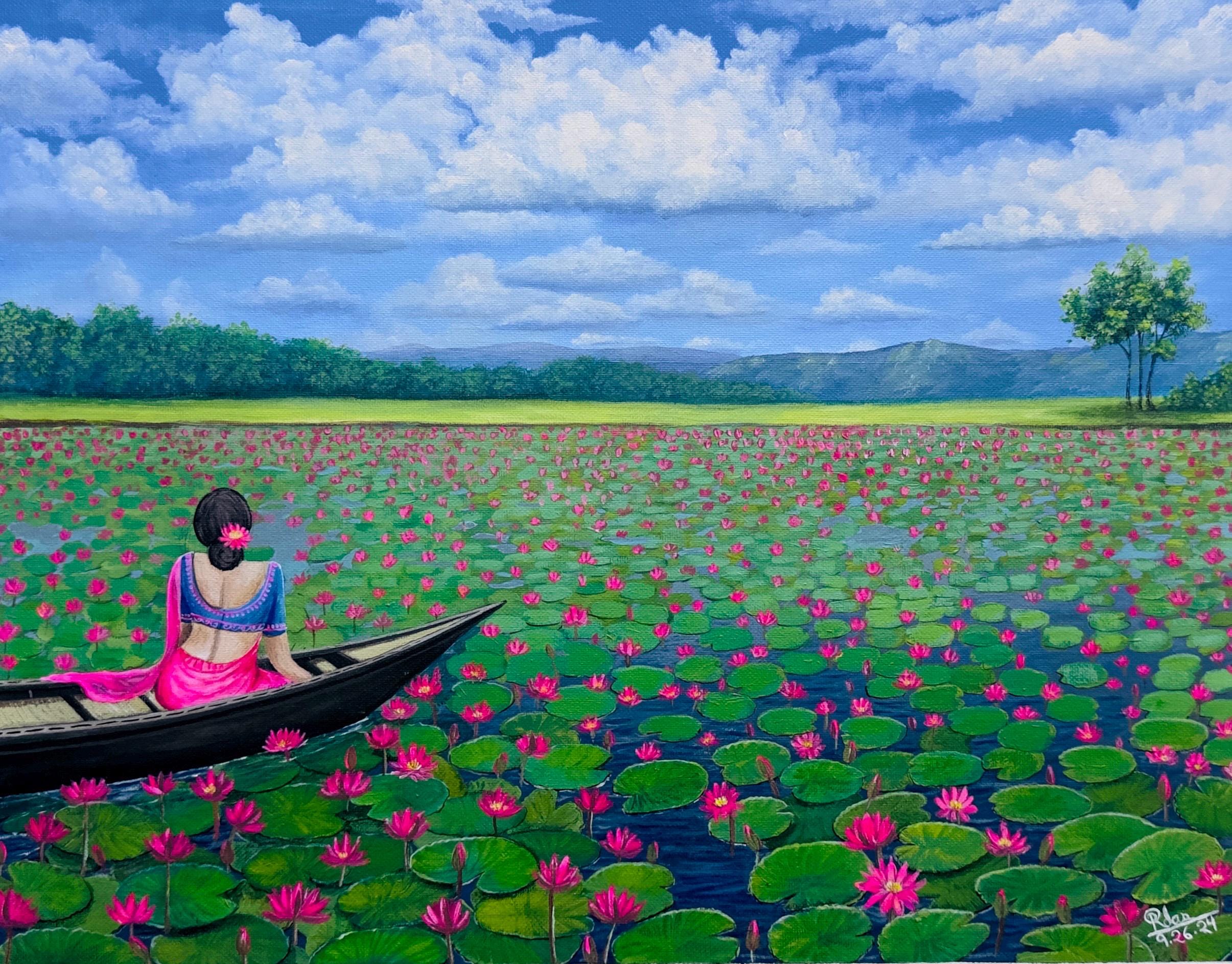 Original Acrylic Landscape Scenery Painting of a Girl in the Water Lily ...