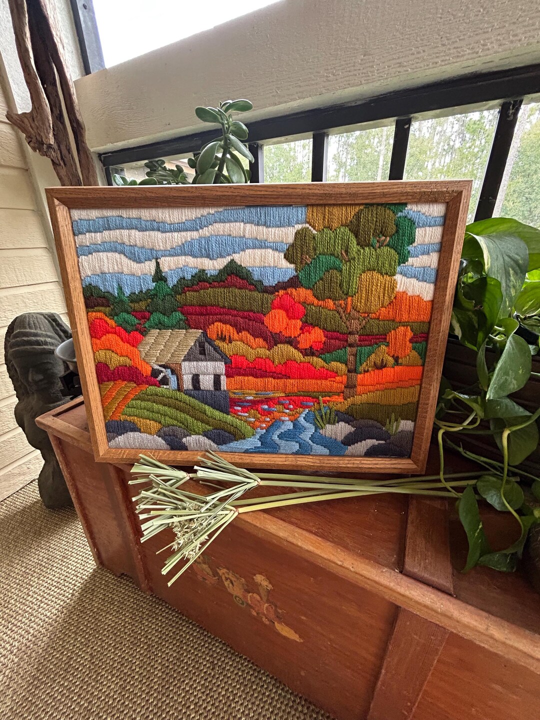 Long Stitch Embroidered Wall Art, House/river/landscape Picture ...