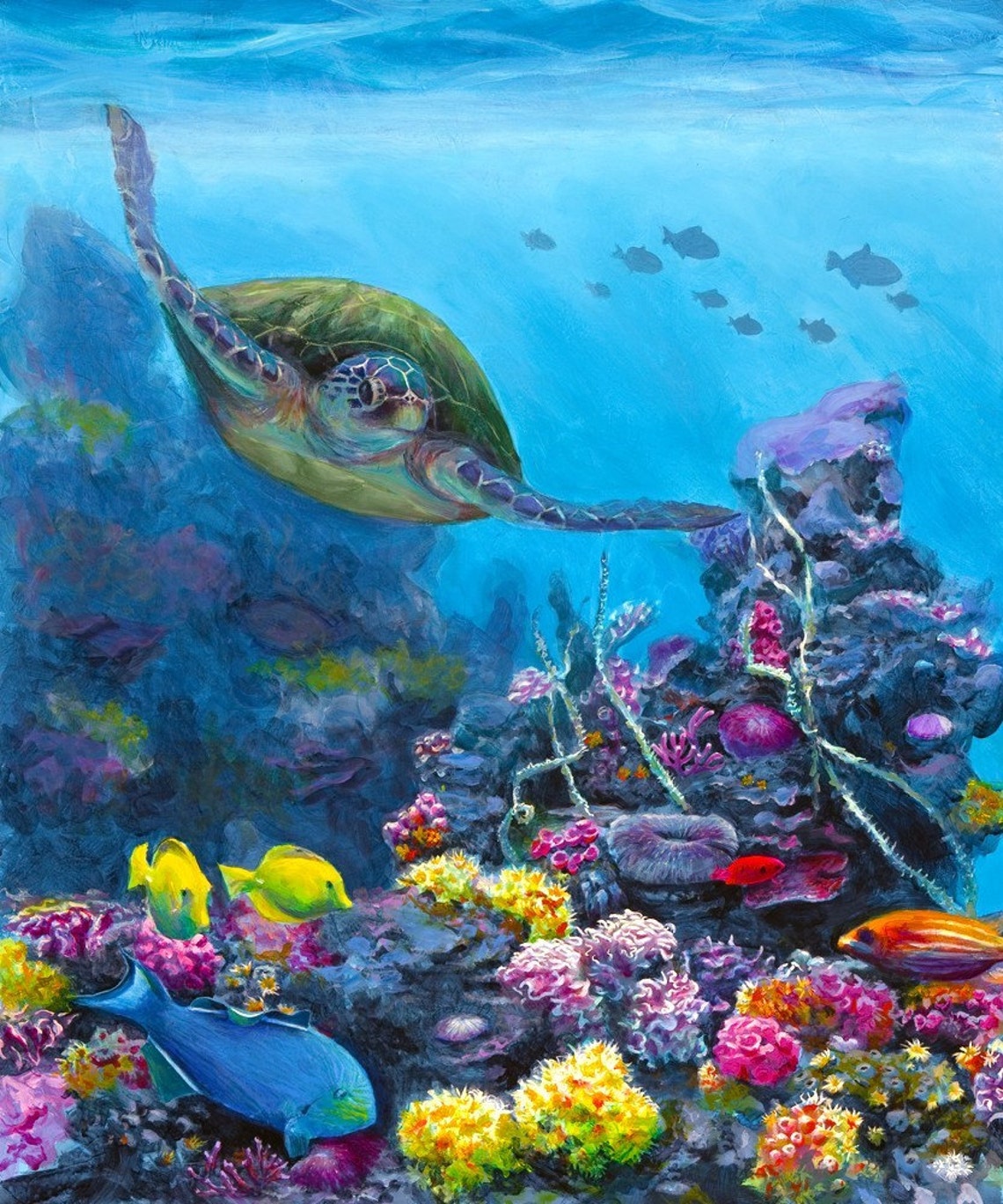 5x7 Sea Turtle Wall Art Print of Ocean Painting With Tropical - Etsy