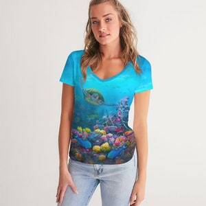 Women's Sea Turtle T-shirt With Coral Reef Tropical Fish - Etsy