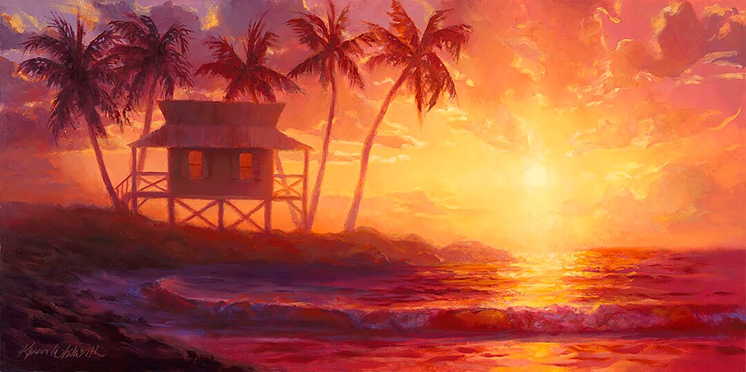 Hawaiian Beach Sunset Painting With Warm Colors on a Tropical Paper ...