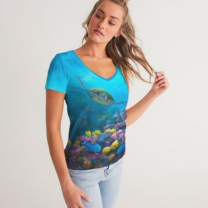 Women's Sea Turtle T-shirt With Coral Reef Tropical Fish - Etsy