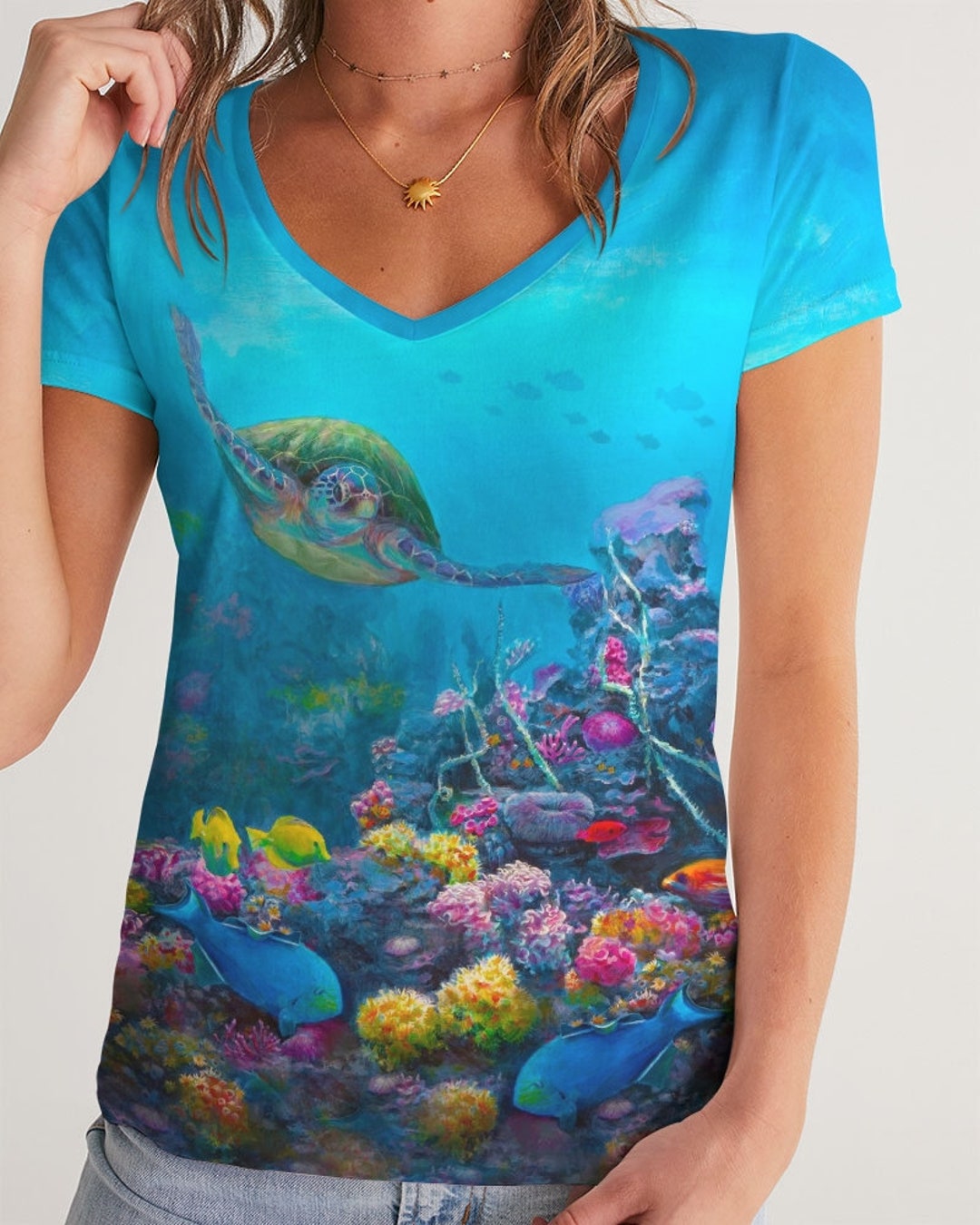Women's Sea Turtle T-shirt With Coral Reef Tropical Fish - Etsy
