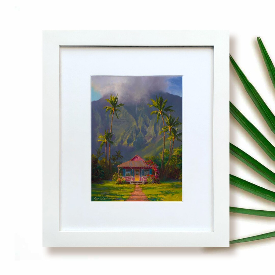 Framed Hawaii Art Print Kauai Landscape Painting With Hanalei Cottage a ...