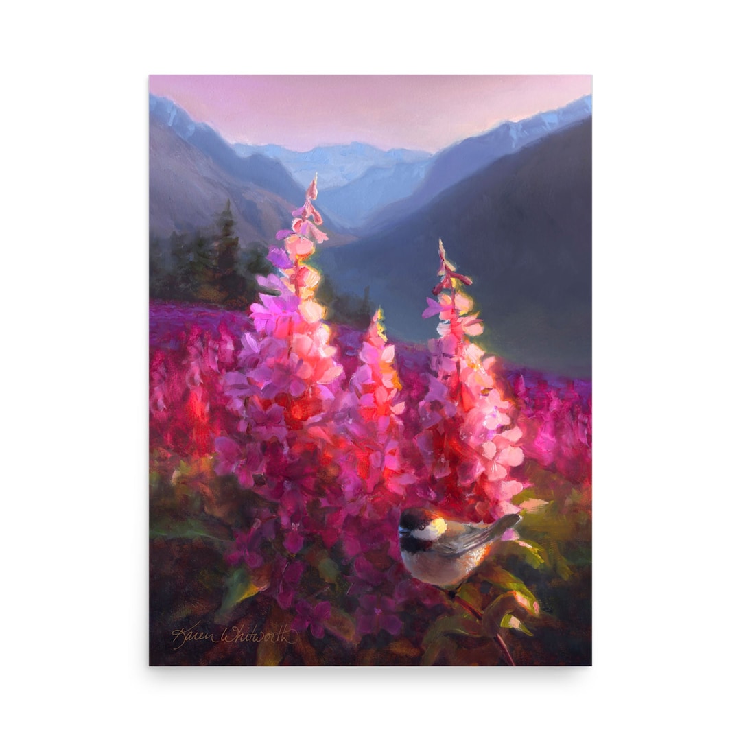 Alaska Art Mountain Landscape Pink Wall Art Print, Wildflowers and ...