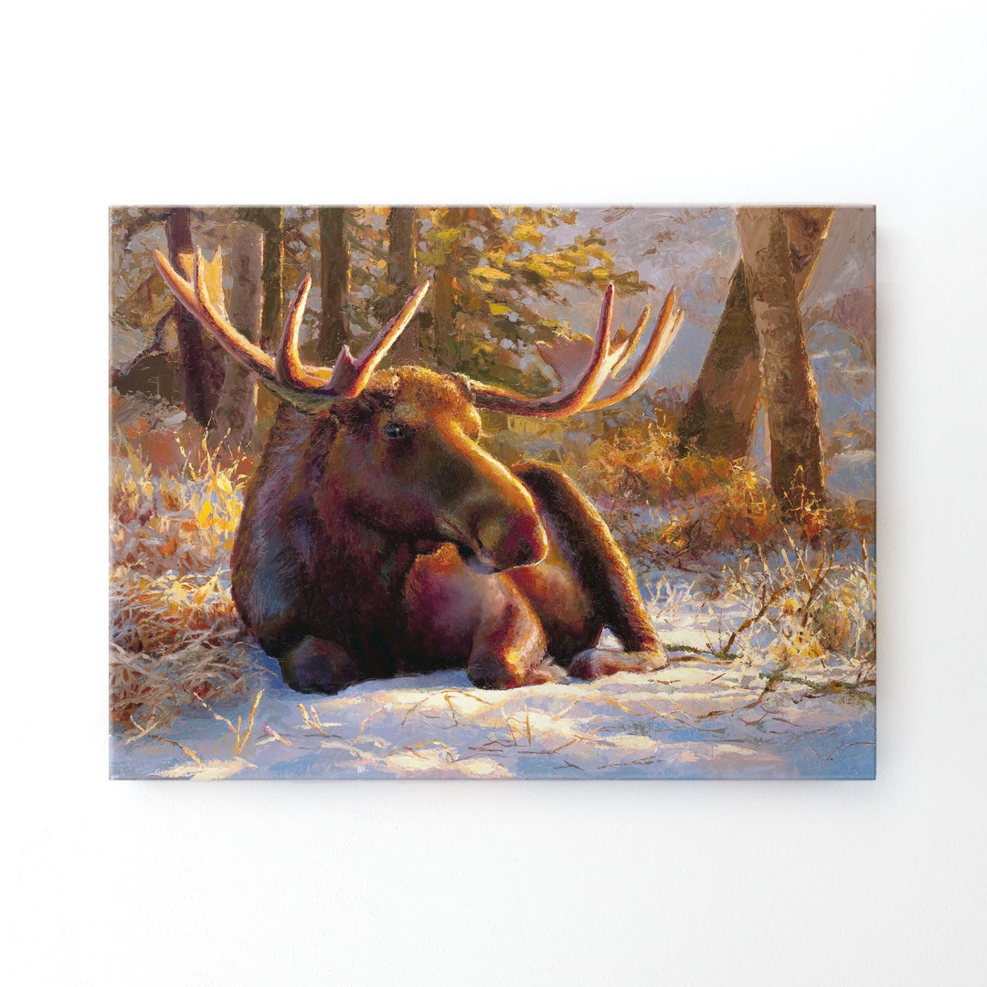Large Bull Moose Painting Canvas - Alaska Wildlife Art Print - Winter ...