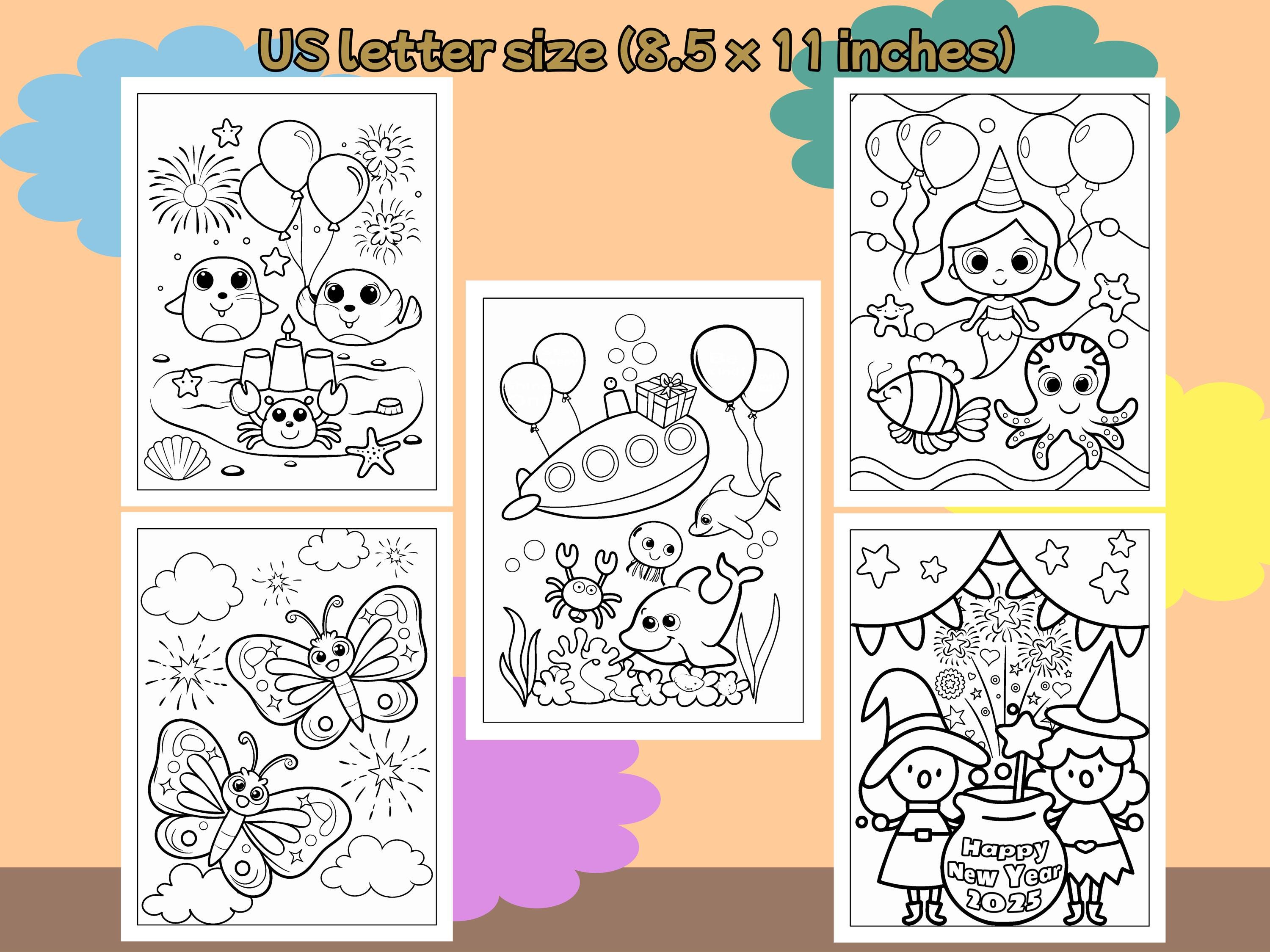 Happy New Year 2025 Coloring Pages for Kids, 42 Printable Designs, PNG ...