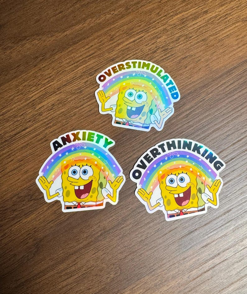 Holographic Spongebob Rainbow Vinyl Sticker Set Overthinking, Anxiety ...