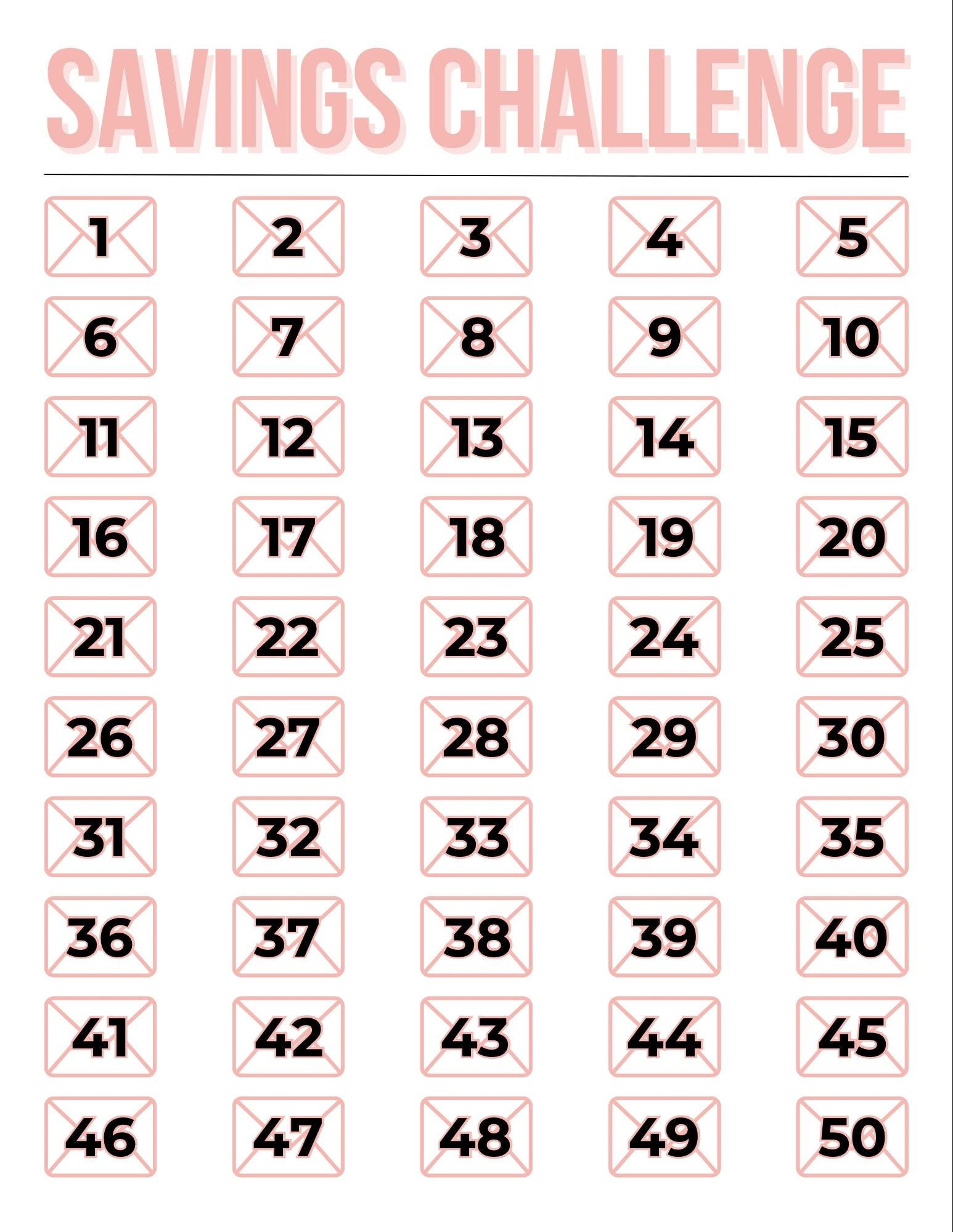 50 Envelope Challenge Printable Pastel Pink Save 1275 Savings Tracker ...