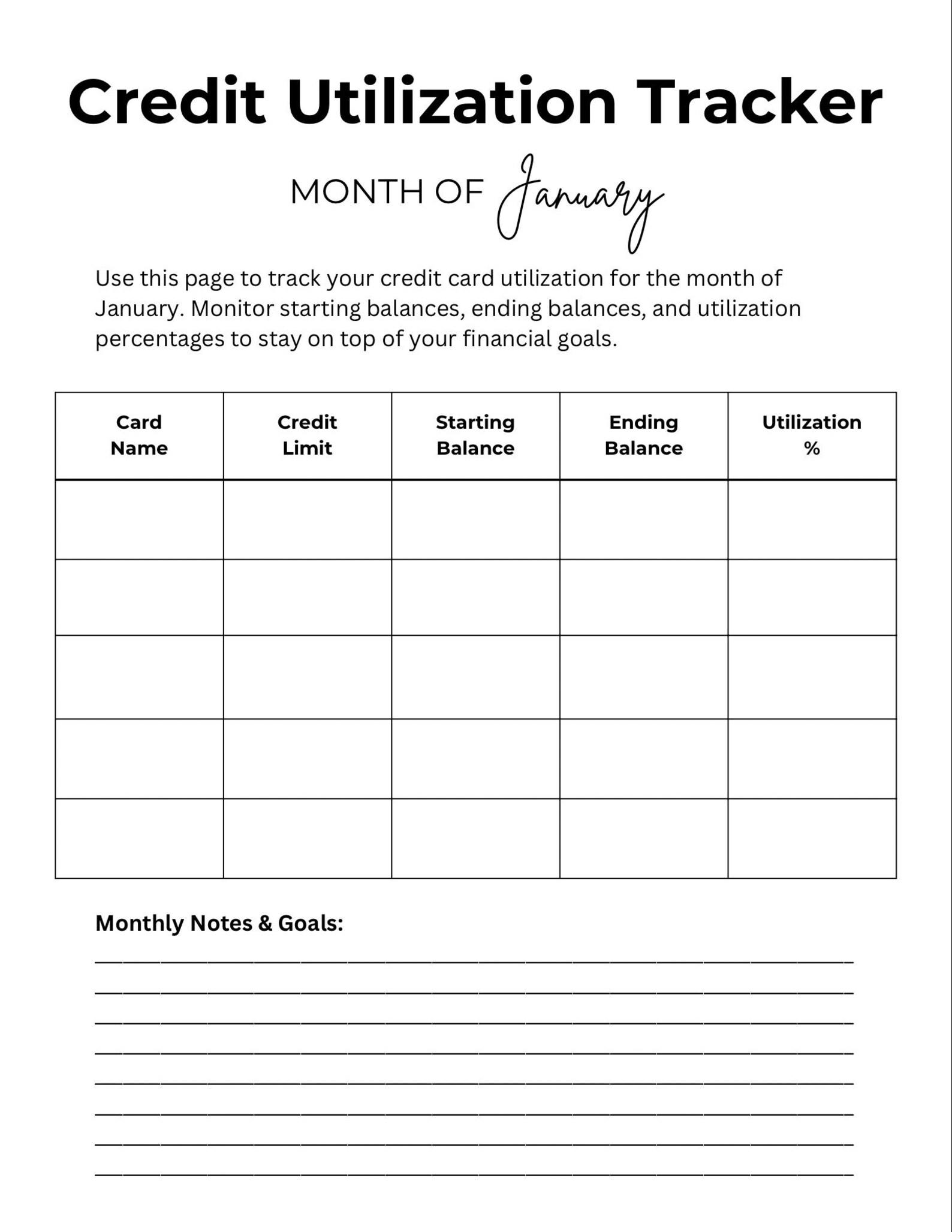 Credit Utilization Tracker Printable Debt Management Tool Budgeting ...